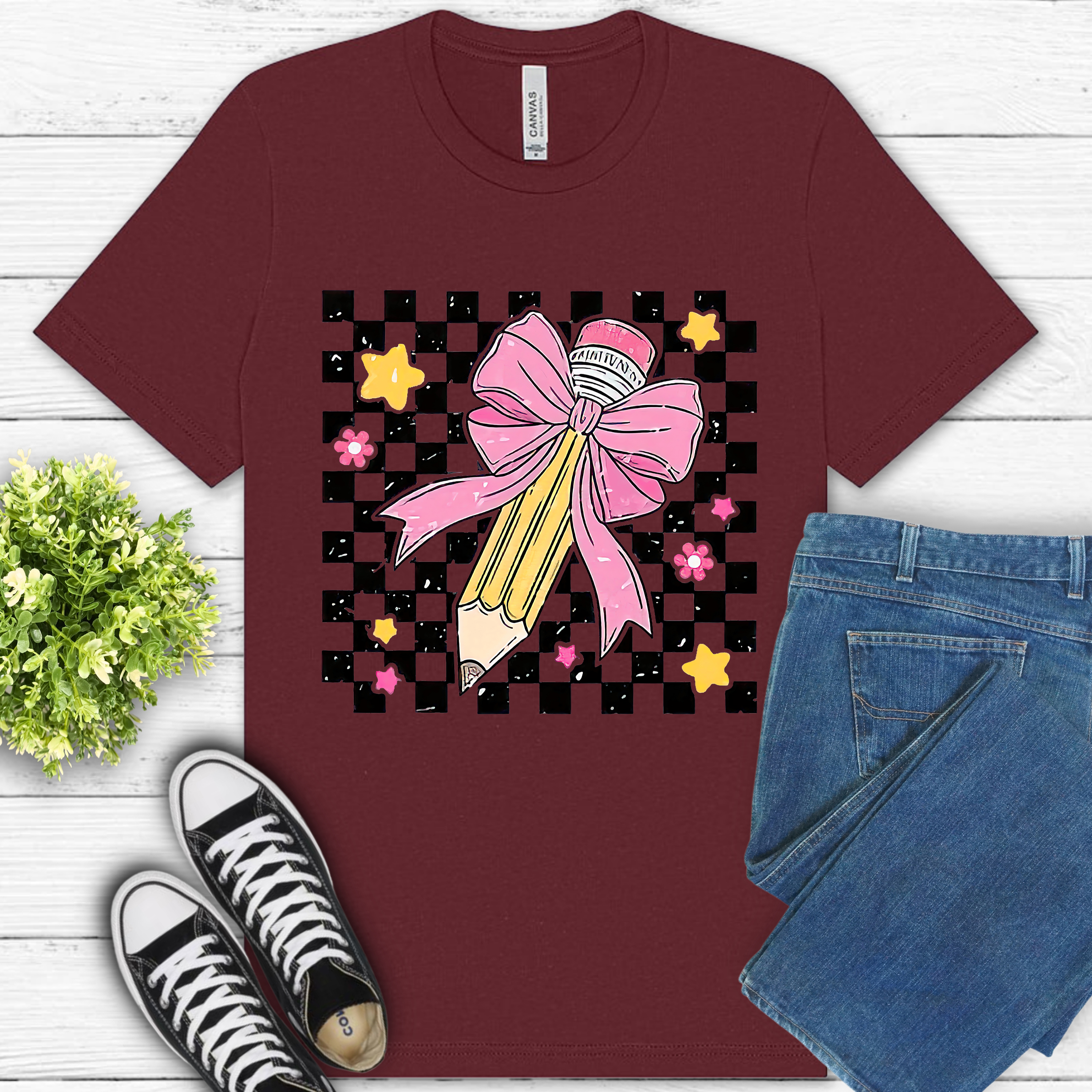 Back to School Checkerboard Shirt – Cute Bow and Floral Classroom Tee ...
