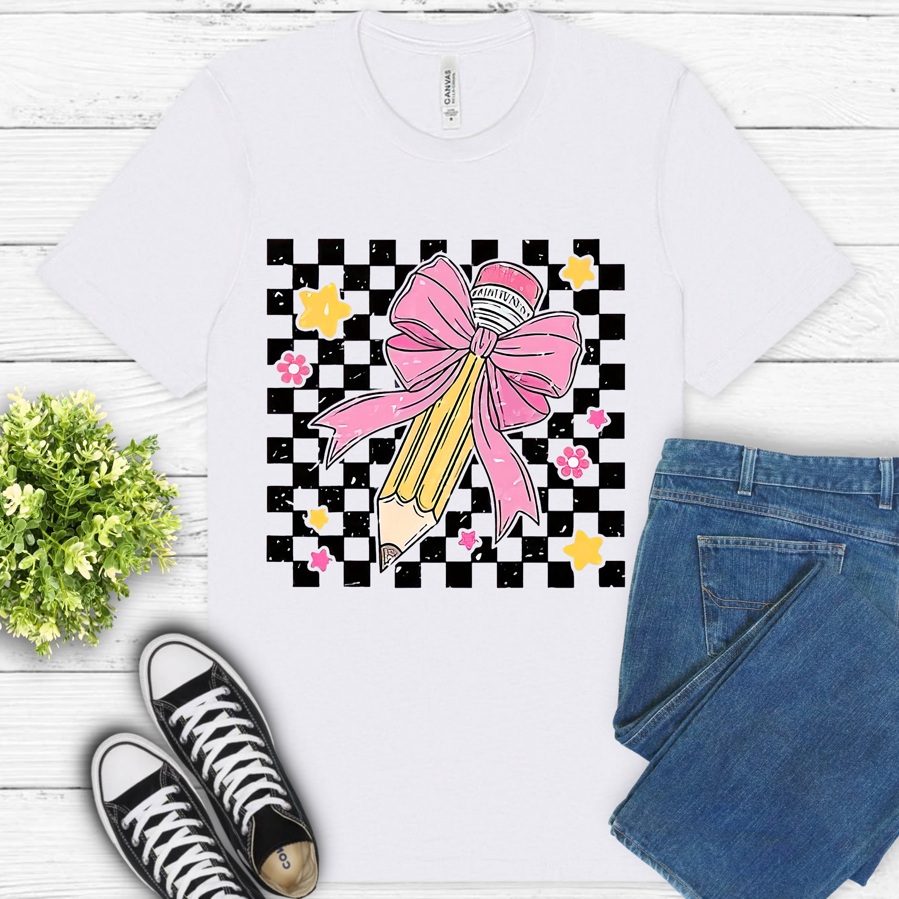 Back to School Checkerboard Shirt – Cute Bow and Floral Classroom Tee ...