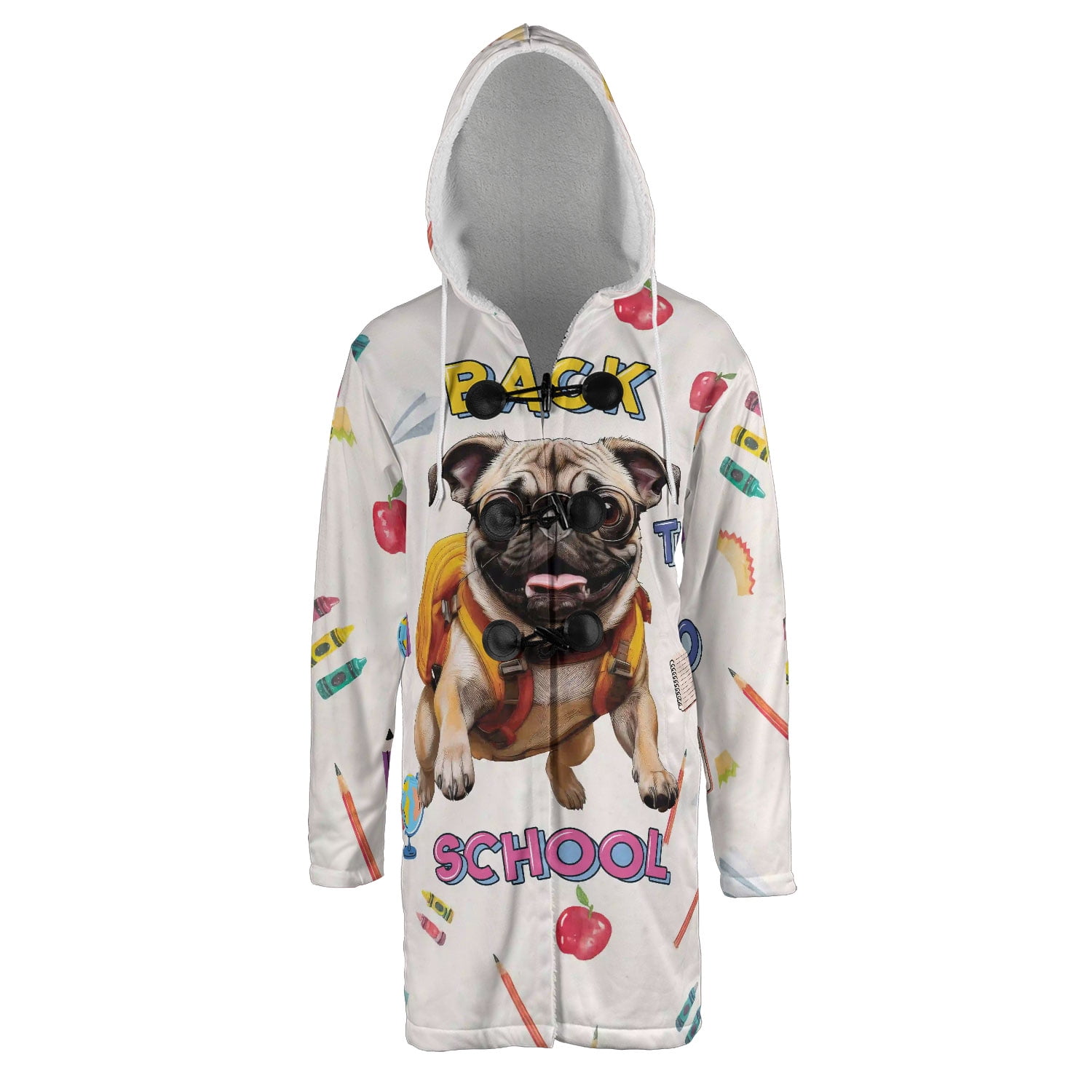 Back to School Cute Pug All Over Print 3D Hooded Duffle Toggle Coat Dog ...