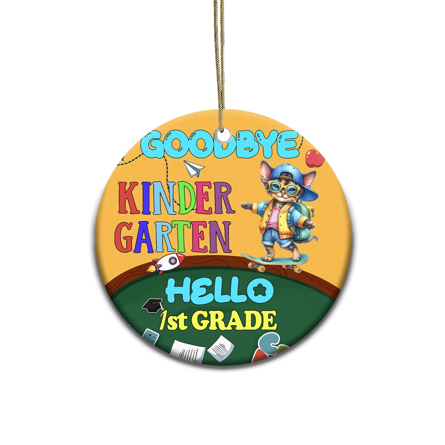 Back to School Devon Rex Goodbye Kindergarten Hello 1st Grade Ceramic Round Ornament Cat Lover ...