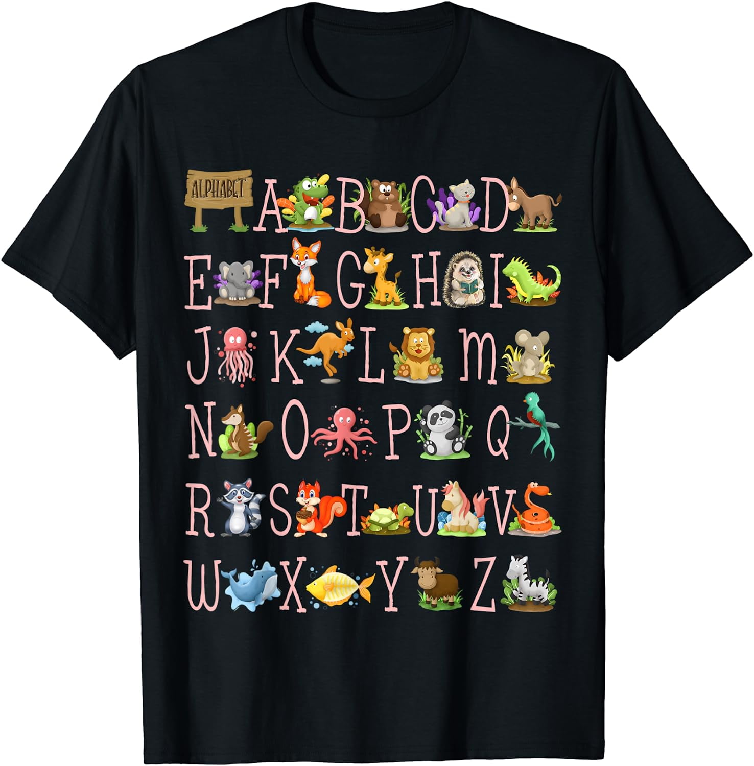 Back to School Kindergarten Teacher ABCs Animals Alphabet T-Shirt Black ...