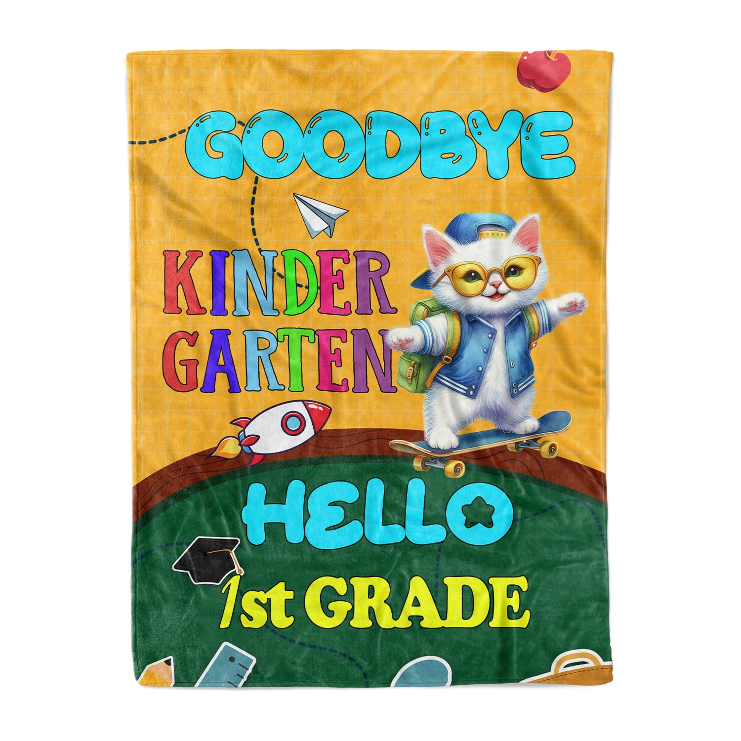 Back to School Manx Goodbye Kindergarten Hello 1st Grade Cozy Fleece Blanket Cat Lover Kitten ...