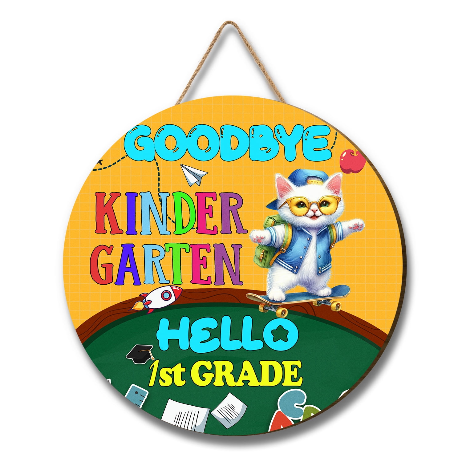 Back to School Manx Goodbye Kindergarten Hello 1st Grade Round Wood ...