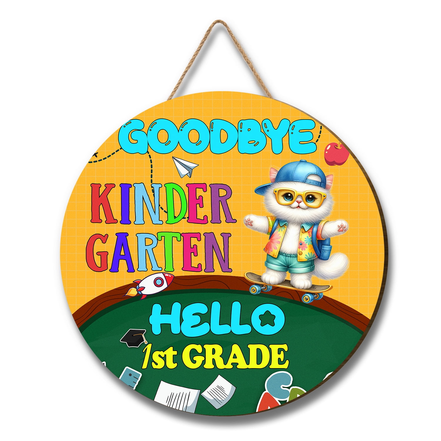 Back to School Persian Goodbye Kindergarten Hello 1st Grade Round Wood ...
