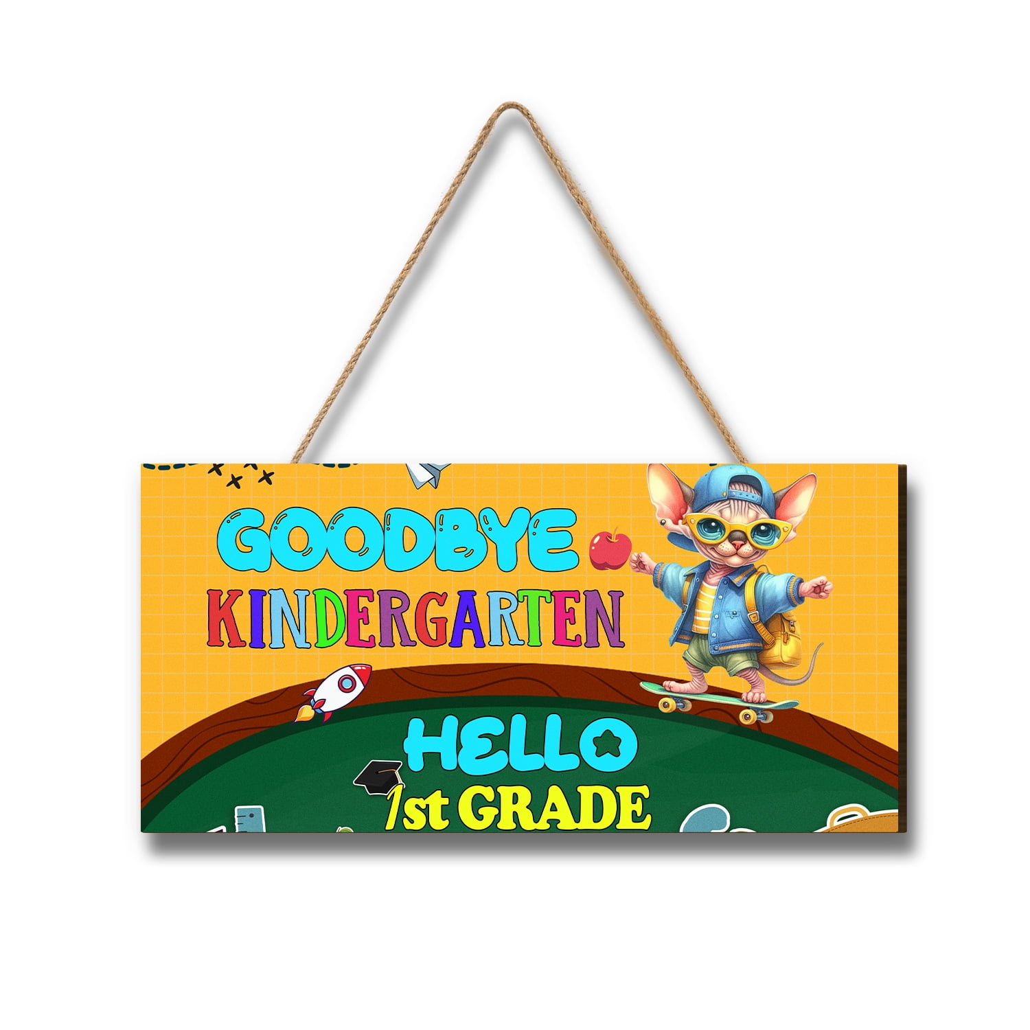 Back to School Sphynx Goodbye Kindergarten Hello 1st Grade Landscape Wood Sign Cat Lover Kitten ...