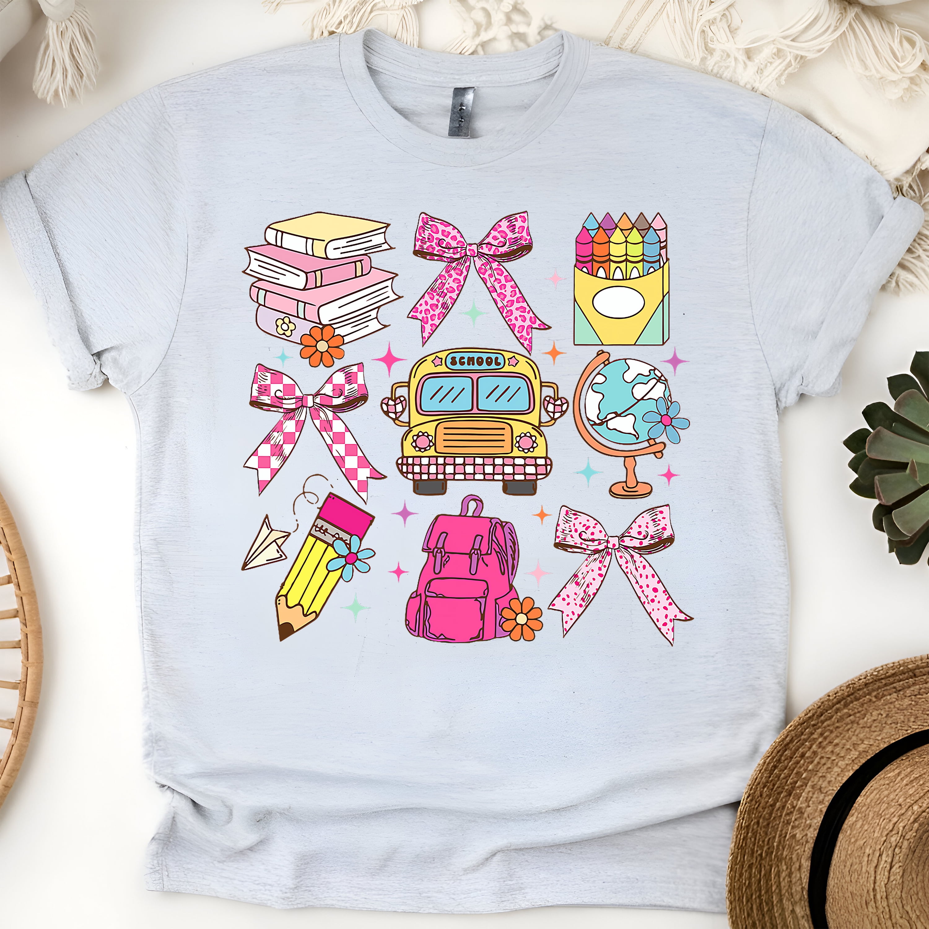 Back to School Teacher Shirt – Cute Supplies Bows Globe Bus Graphic Tee ...