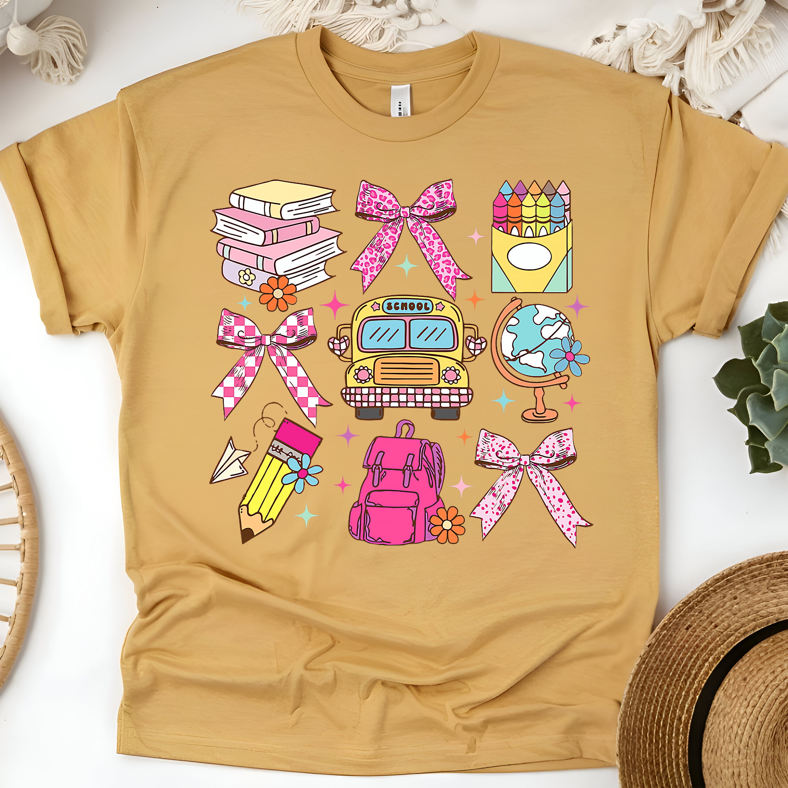 Back to School Teacher Shirt – Cute Supplies Bows Globe Bus Graphic Tee ...