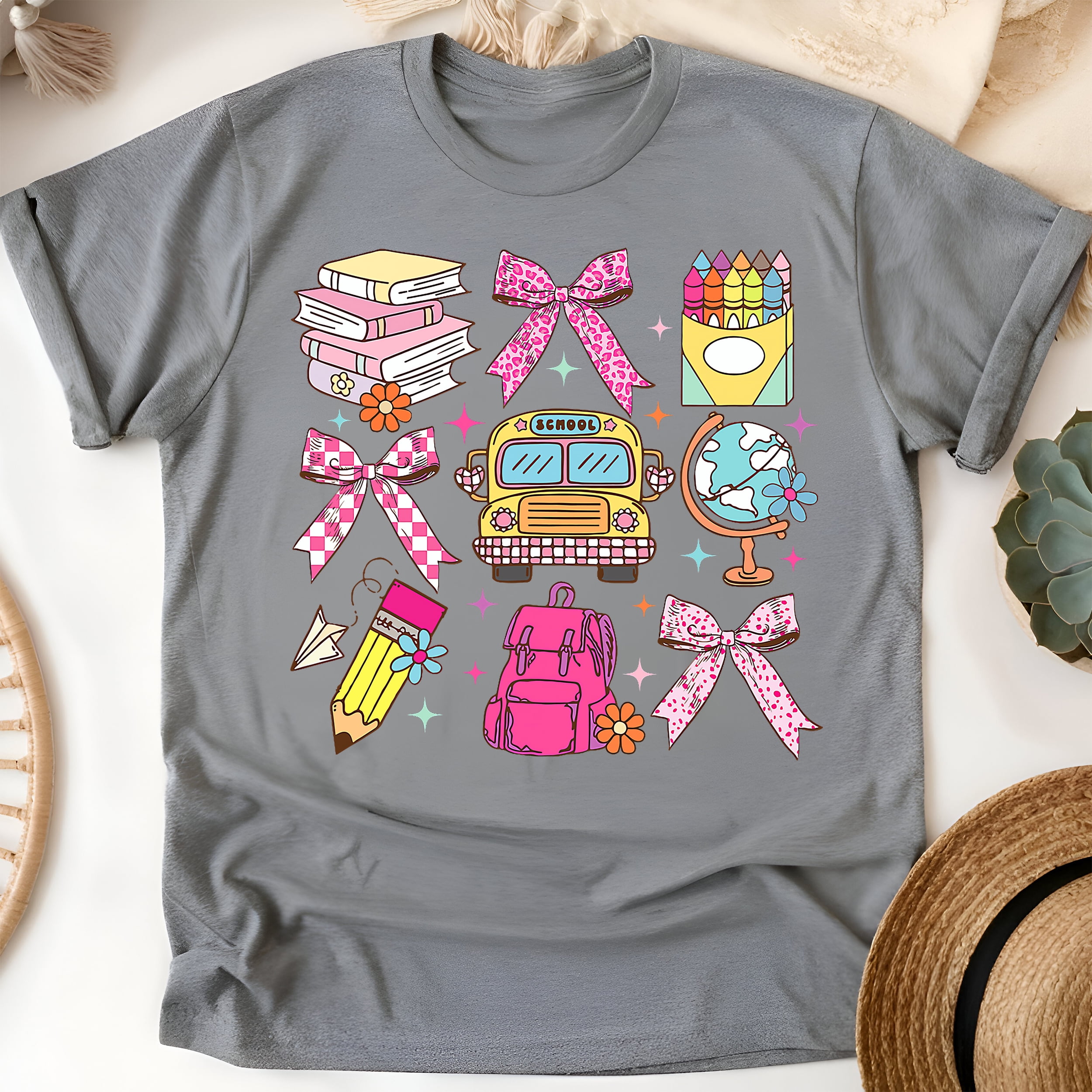 Back to School Teacher Shirt – Cute Supplies Bows Globe Bus Graphic Tee ...