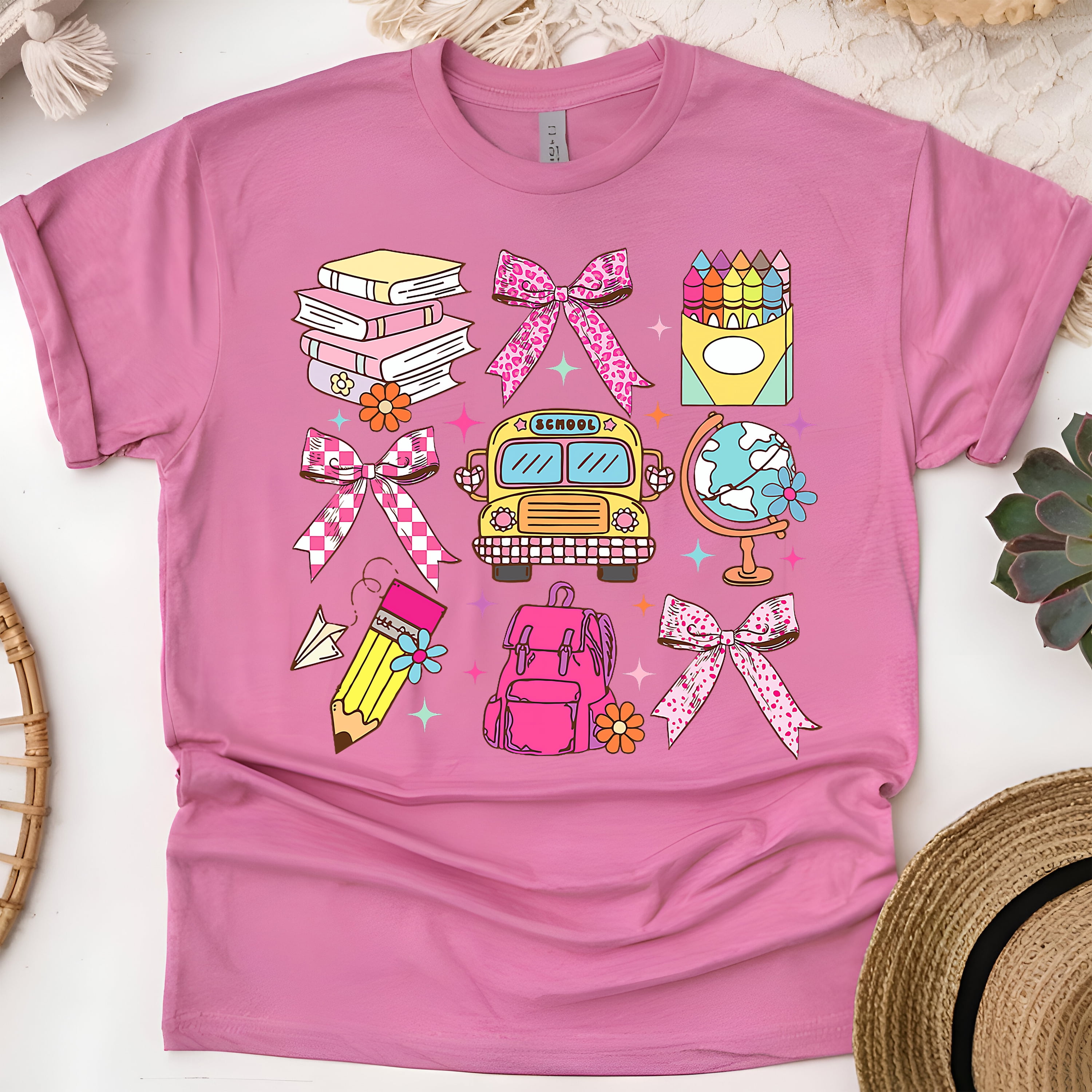 Back to School Teacher Shirt – Cute Supplies Bows Globe Bus Graphic Tee ...