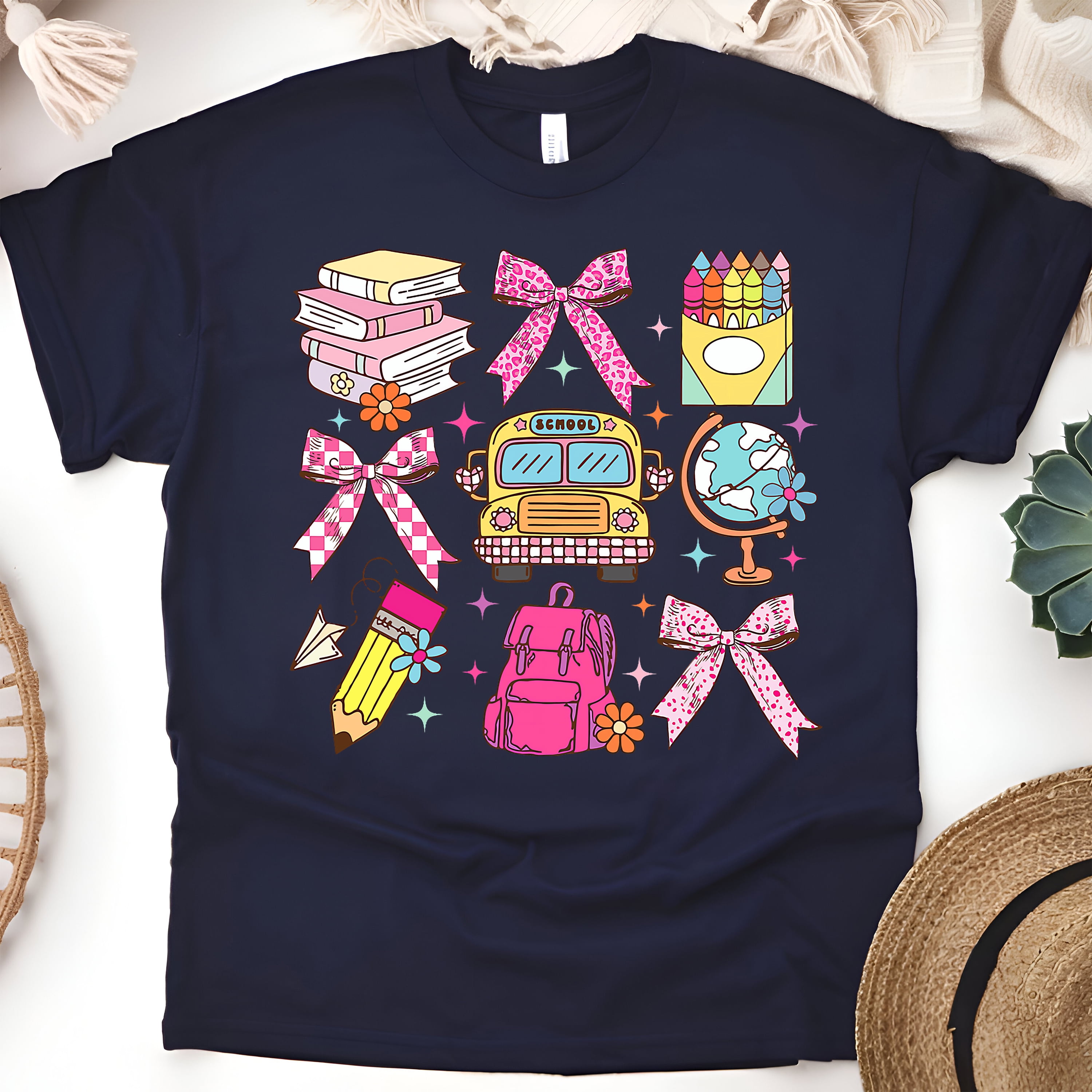 Back to School Teacher Shirt – Cute Supplies Bows Globe Bus Graphic Tee, Navy, Size 2XL ...