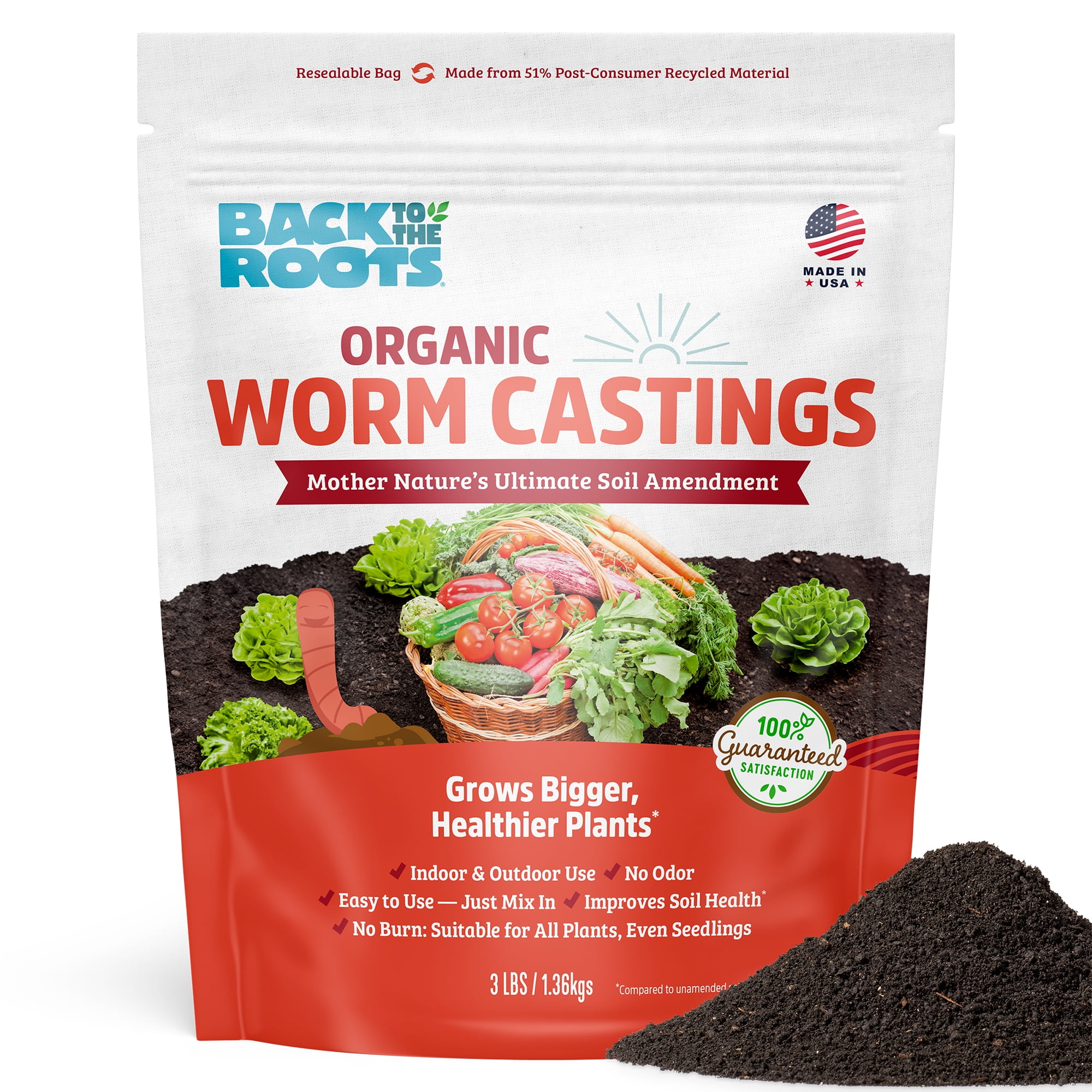 Back to the Roots Organic Worm Castings for Garden Soil, 3 lb Pouch ...