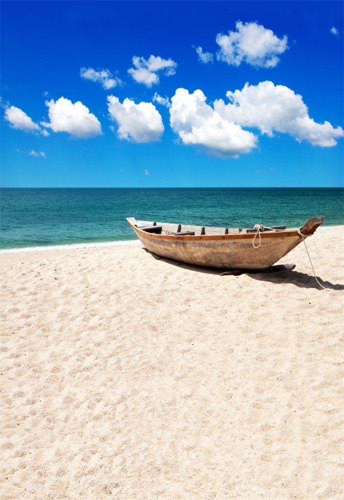 Backdrop 5x7ft Photography Background Sea and Sandbeach Wood Small Boat ...