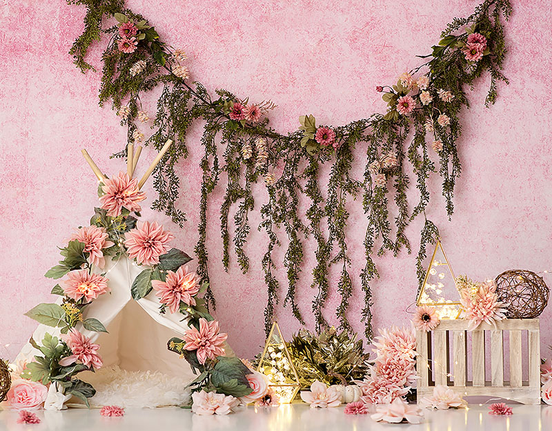 Backdrop Balcony Bright Flowers Wreath Basket Chairs Wood Wall ...