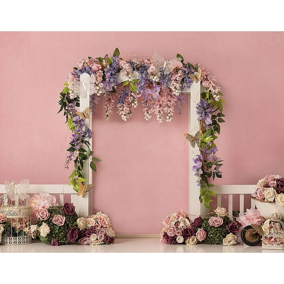 Backdrop Balcony Bright Flowers Wreath Basket Chairs Wood Wall ...