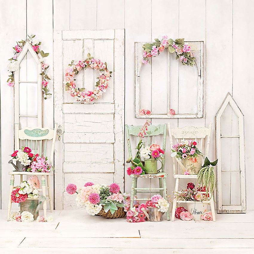 Backdrop Balcony Bright Flowers Wreath Basket Chairs Wood Wall ...