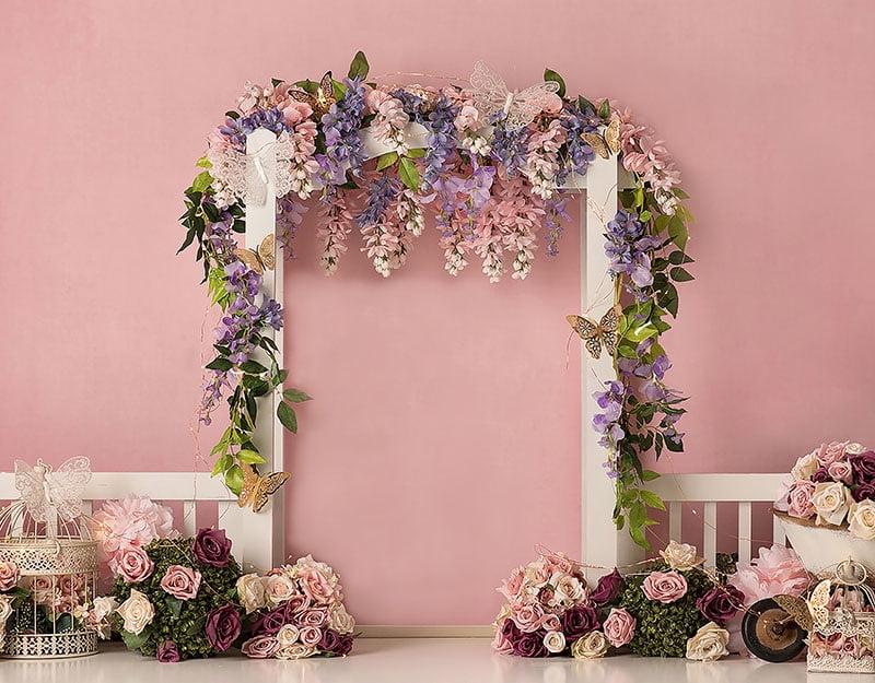 Backdrop Balcony Bright Flowers Wreath Basket Chairs Wood Wall ...