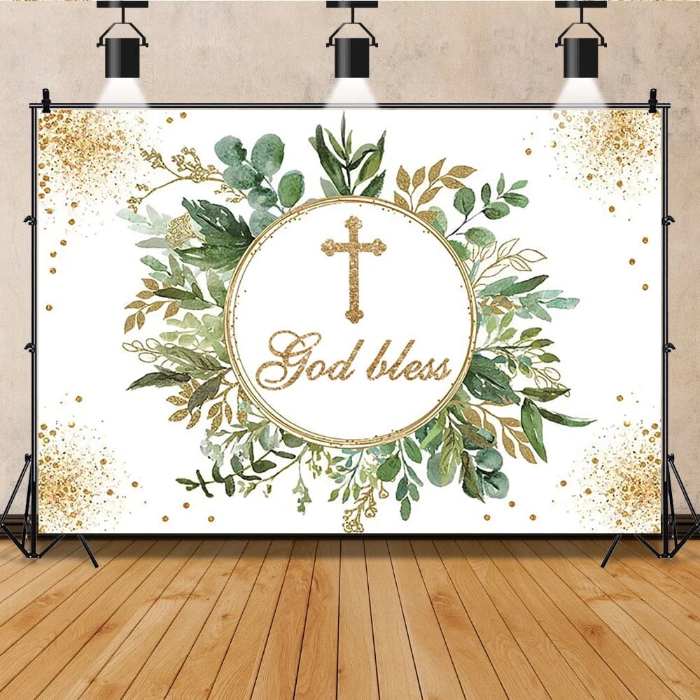 Backdrop God Bless The Cross Leaves GoldDot Baby Shower Custom ...