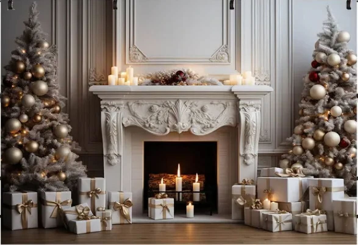 Backdrop White Wall Fireplace Xmas Tree Family Portrait Background Kids ...