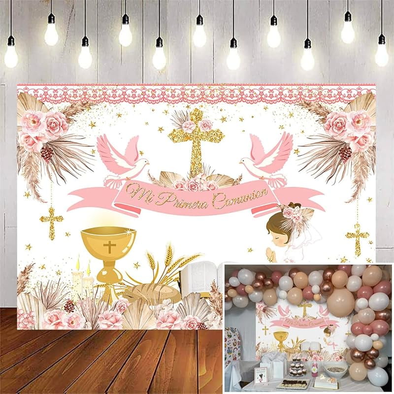 Backdrop for Girls Boho First Communion Party Decorations Pink Floral ...