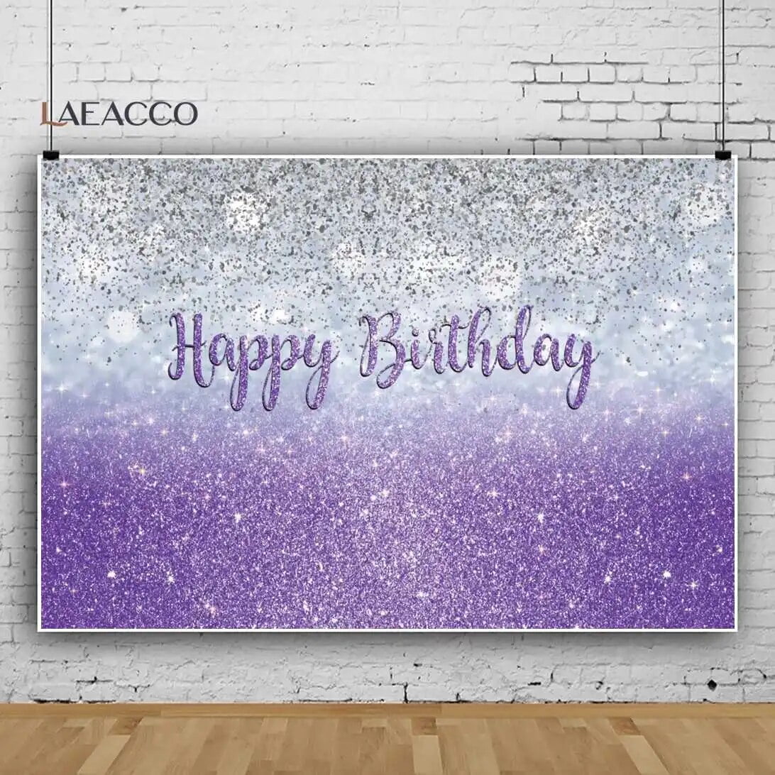 Backdrops Purple Happy Birthday Backdrop Sliver Glitter Photo Shoot ...