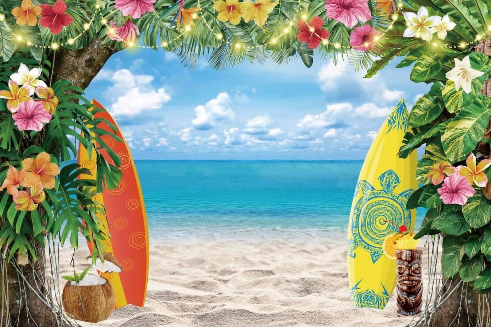 Background Birthday Flamingo Palm Ocean Surfboard Camping Seaside Party ...