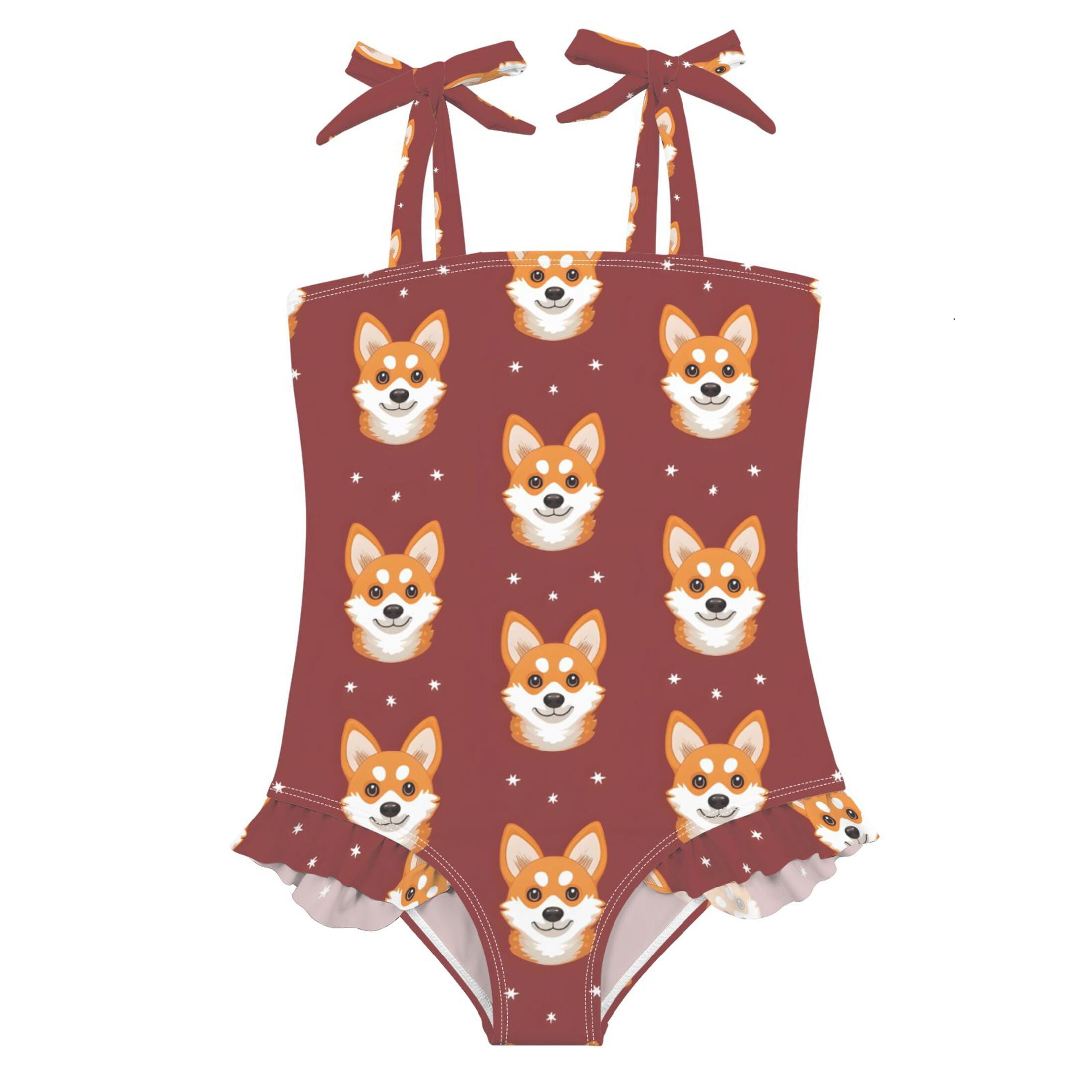 Background Corgi Face Pattern Girls' One-Piece Swimsuit Bowknot Tie ...