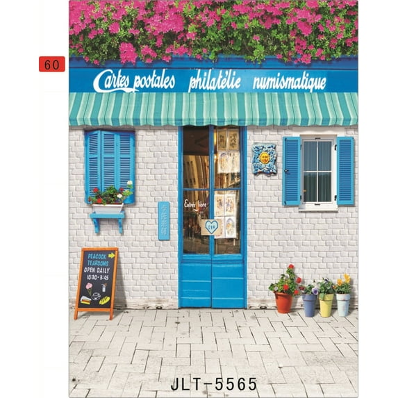 Background for Photos Cafe Shop Blue Door Flowers Computer Printed ...