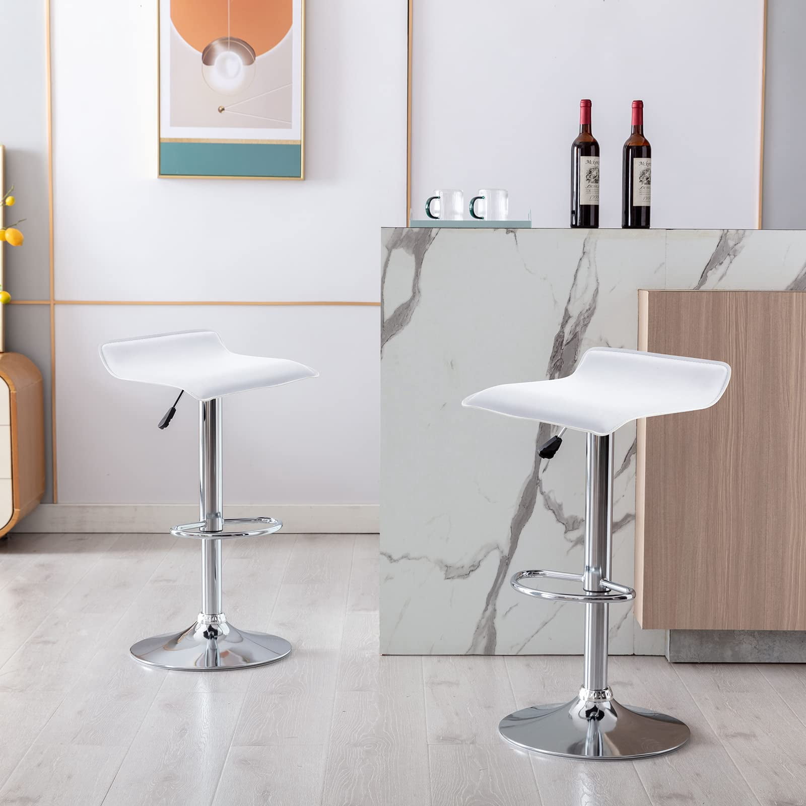 Backless Bar Stools Set of 2, 360° Swivel Adjustable Height PU Leather ...