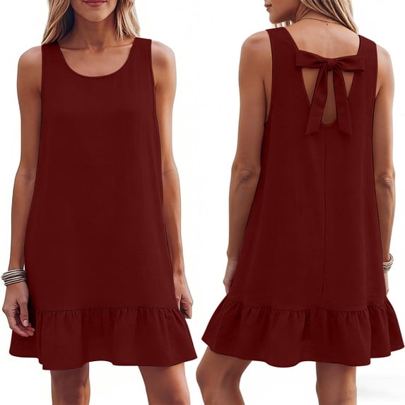Backless Bow Dress For Women Crew Neck Sleeveless Ruffled Mini Dresses ...