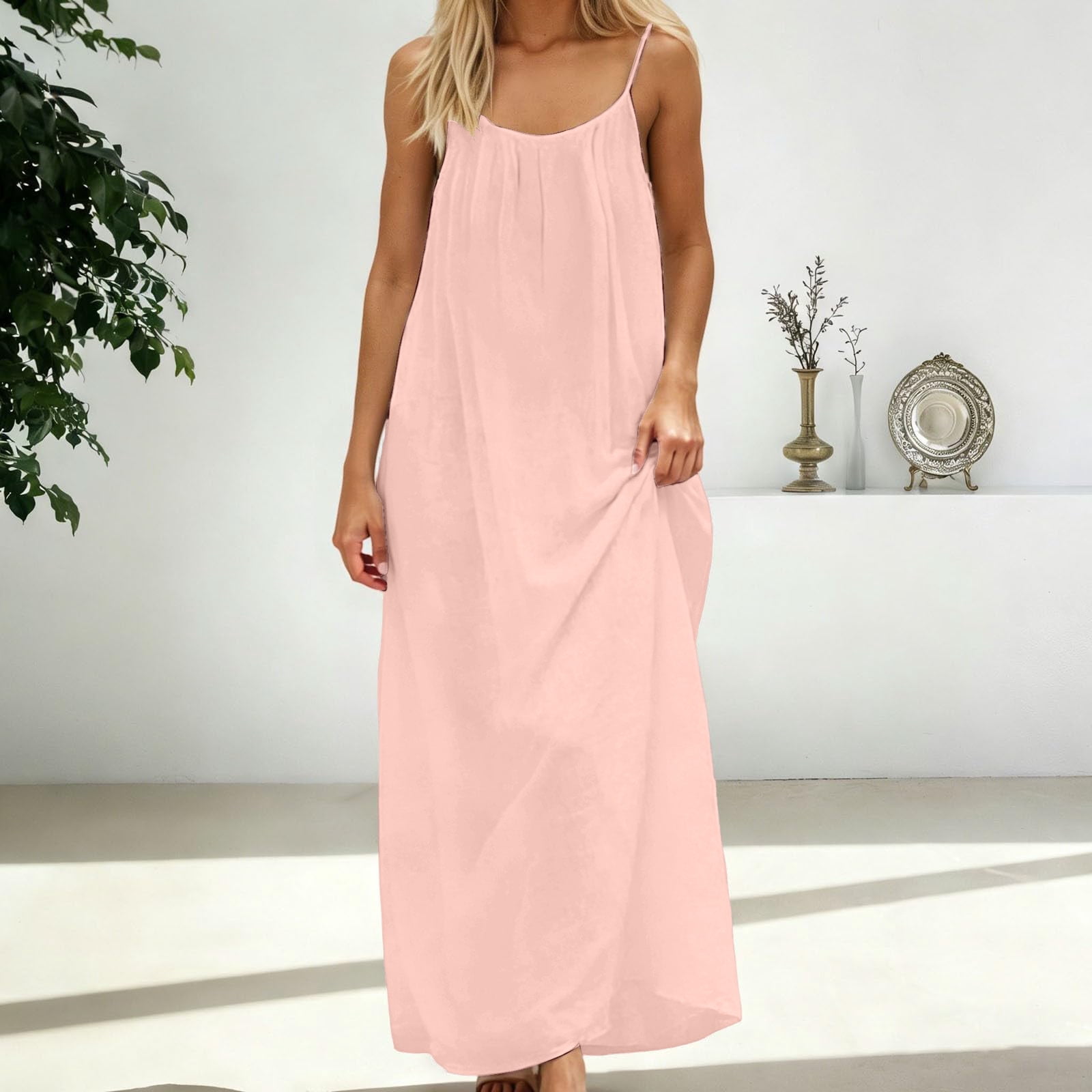 Backless Cami Dress Women Solid Sleeveless Spaghetti Strap Flowy ...