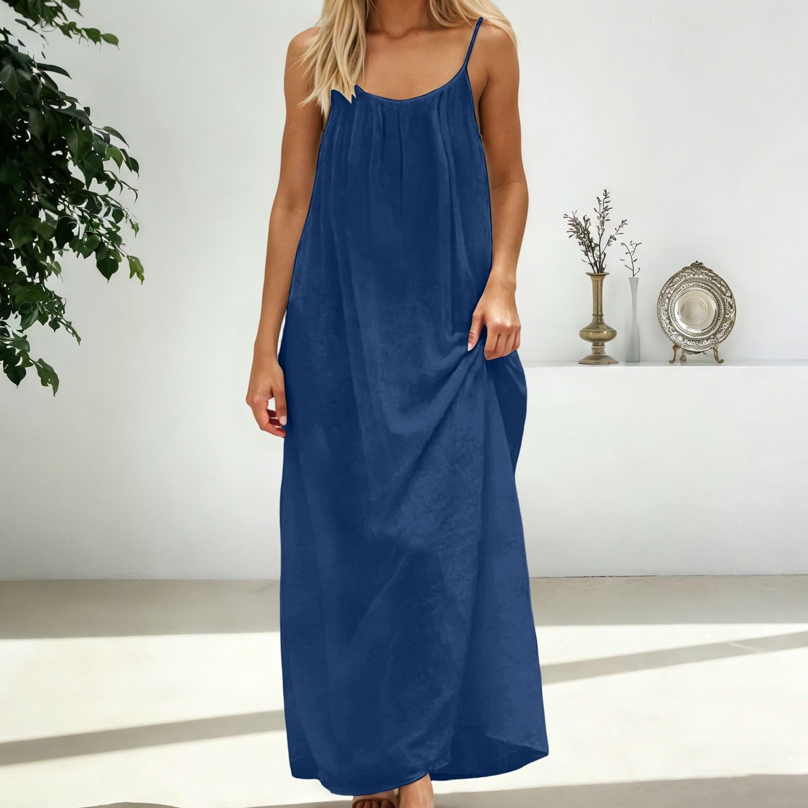 Backless Cami Dress Women Solid Sleeveless Spaghetti Strap Flowy ...