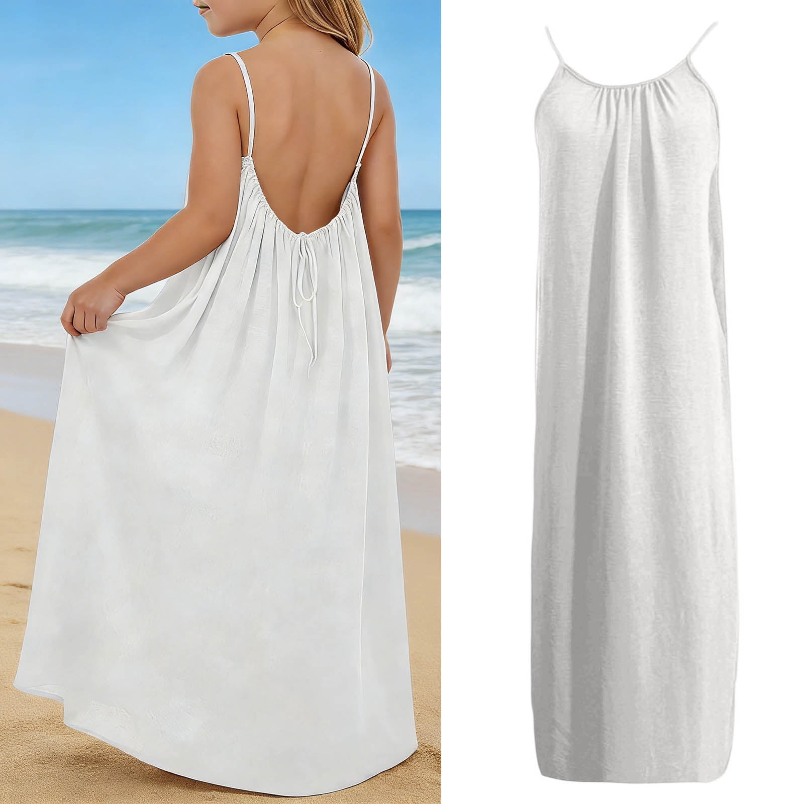 Backless Cami Dresses Kids Sleeveless Lounge Dress White Girls Flowy ...