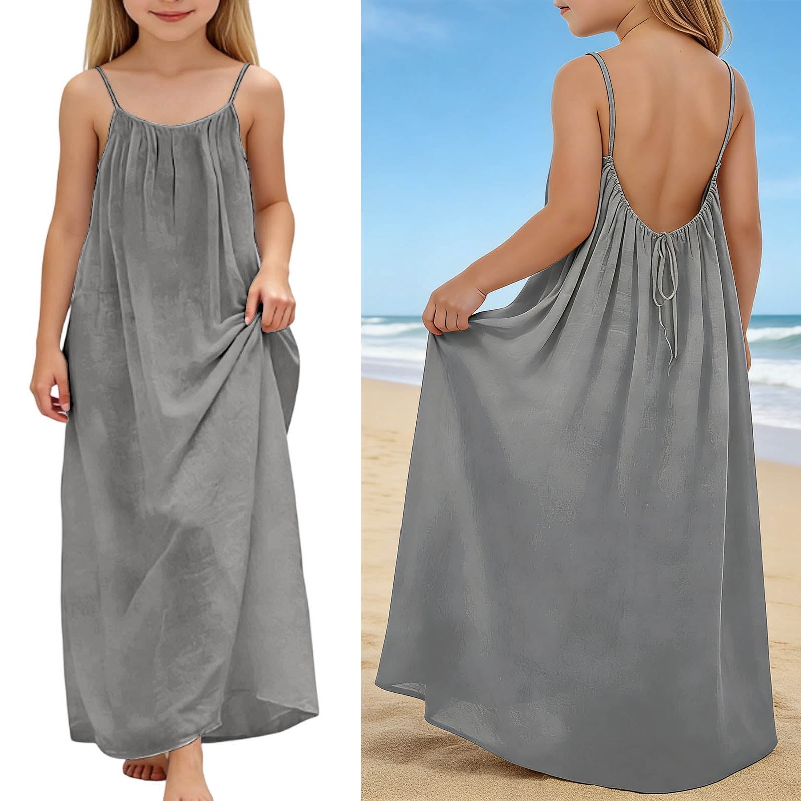 Backless Cami Dresses for Kids Spaghetti Strap House Dress Grey Flowy ...