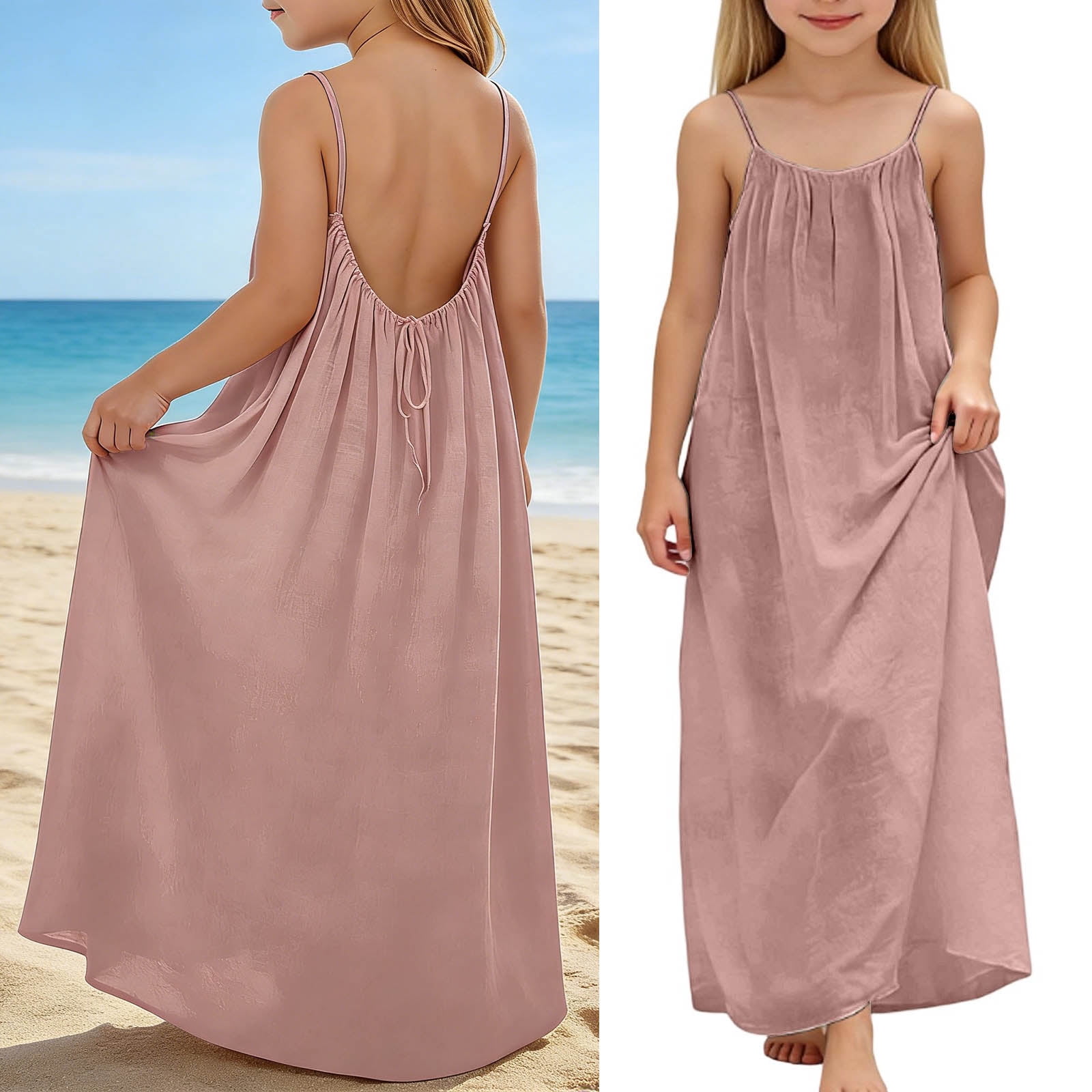 Backless Cami Dresses for Kids Spaghetti Strap House Dress Pink Flowy ...