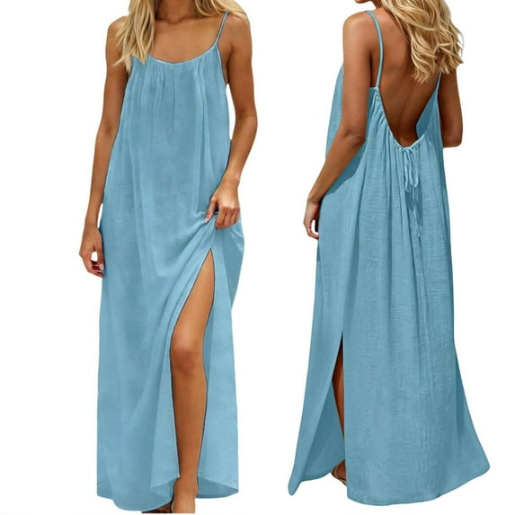 Backless Cami Dresses for Women Sleeveless Blue Flowy Dress Maxi ...