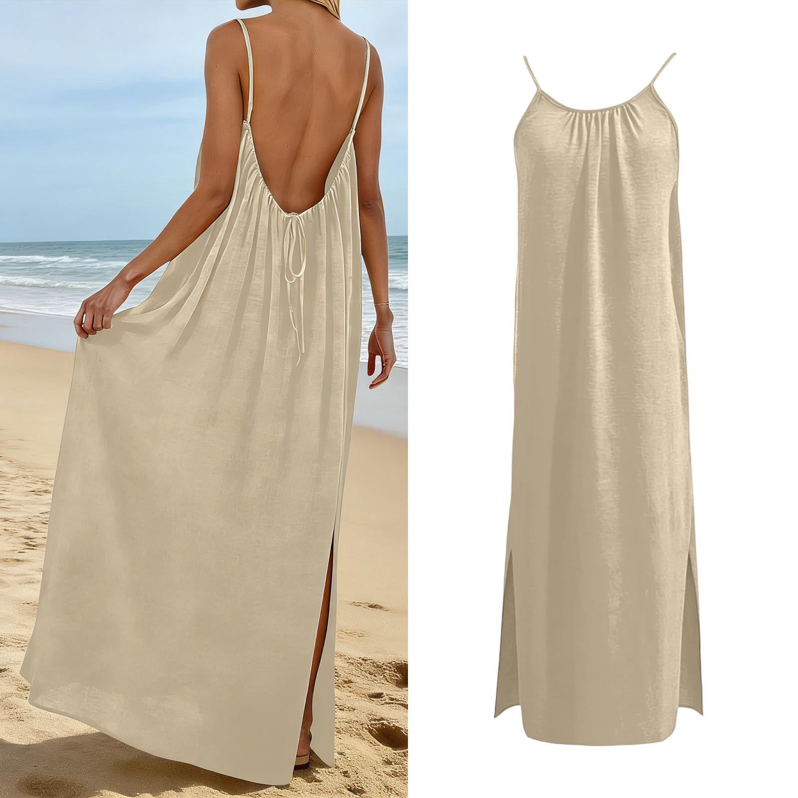Backless Cami Dresses for Women Spaghetti Strap Beige Womens Flowy ...