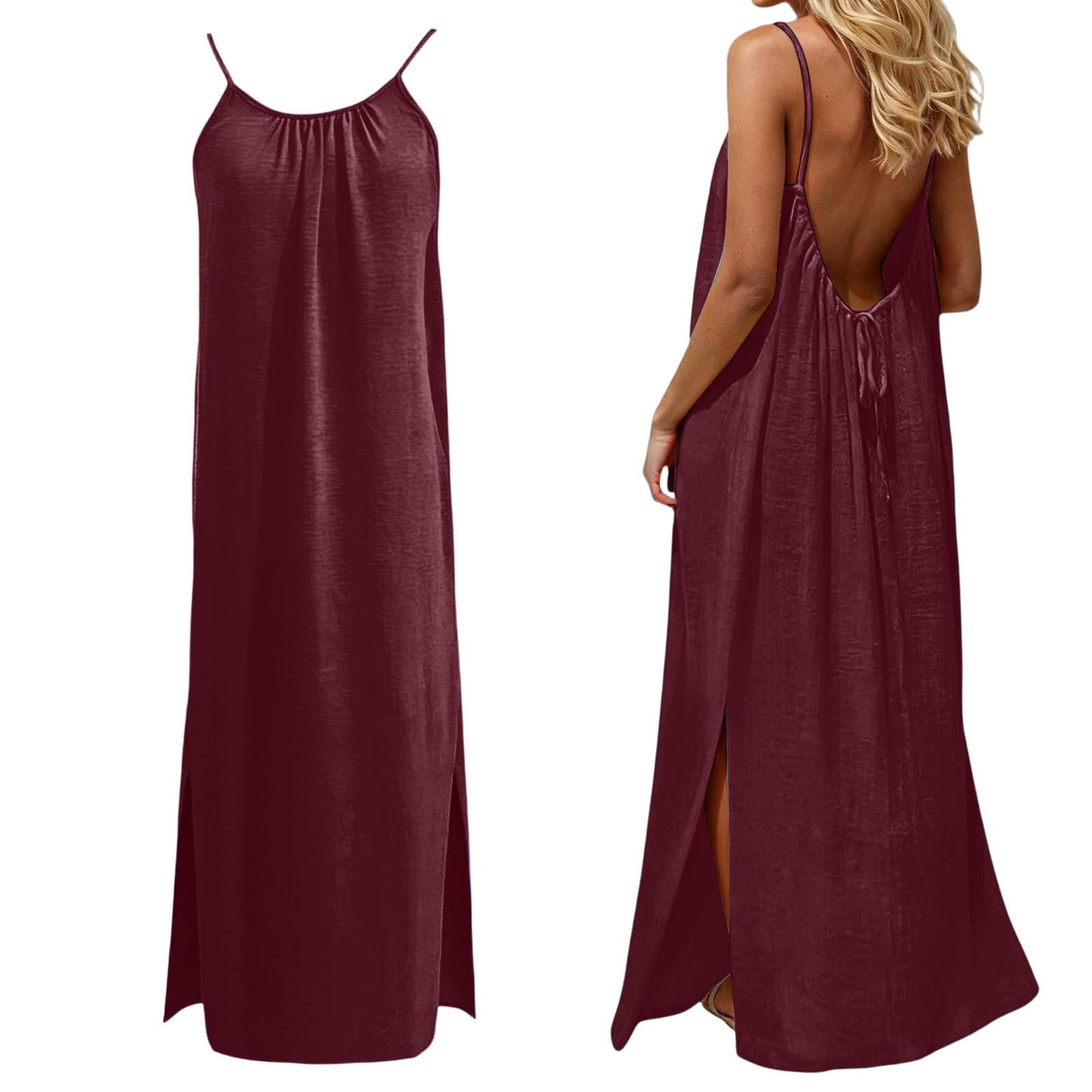 Backless Cami Dresses for Women Spaghetti Strap Red Flowy Dress Maxi ...