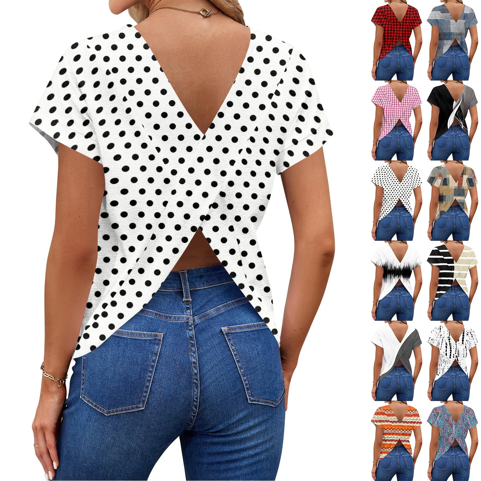 Backless Cross V-Neck Top for Women - Short Sleeve Graphic Print Tee ...