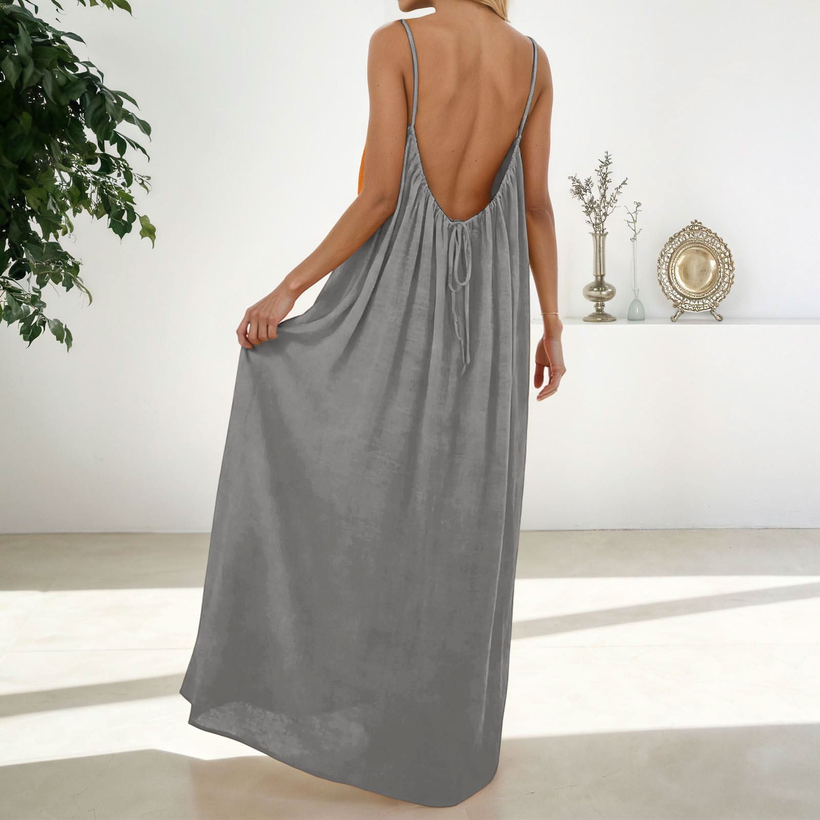 Backless Dresses for Womens Solid Color Spaghetti Strap Sleeveless ...