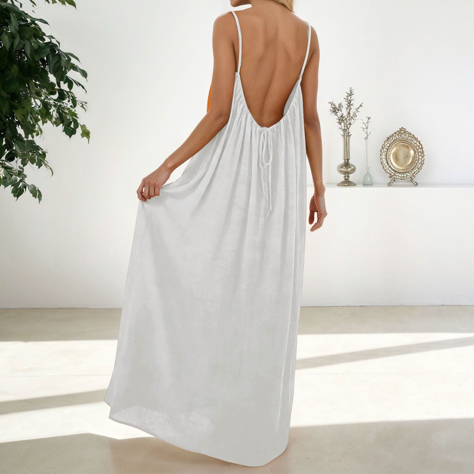 Backless Dresses for Womens Solid Color Spaghetti Strap Sleeveless ...