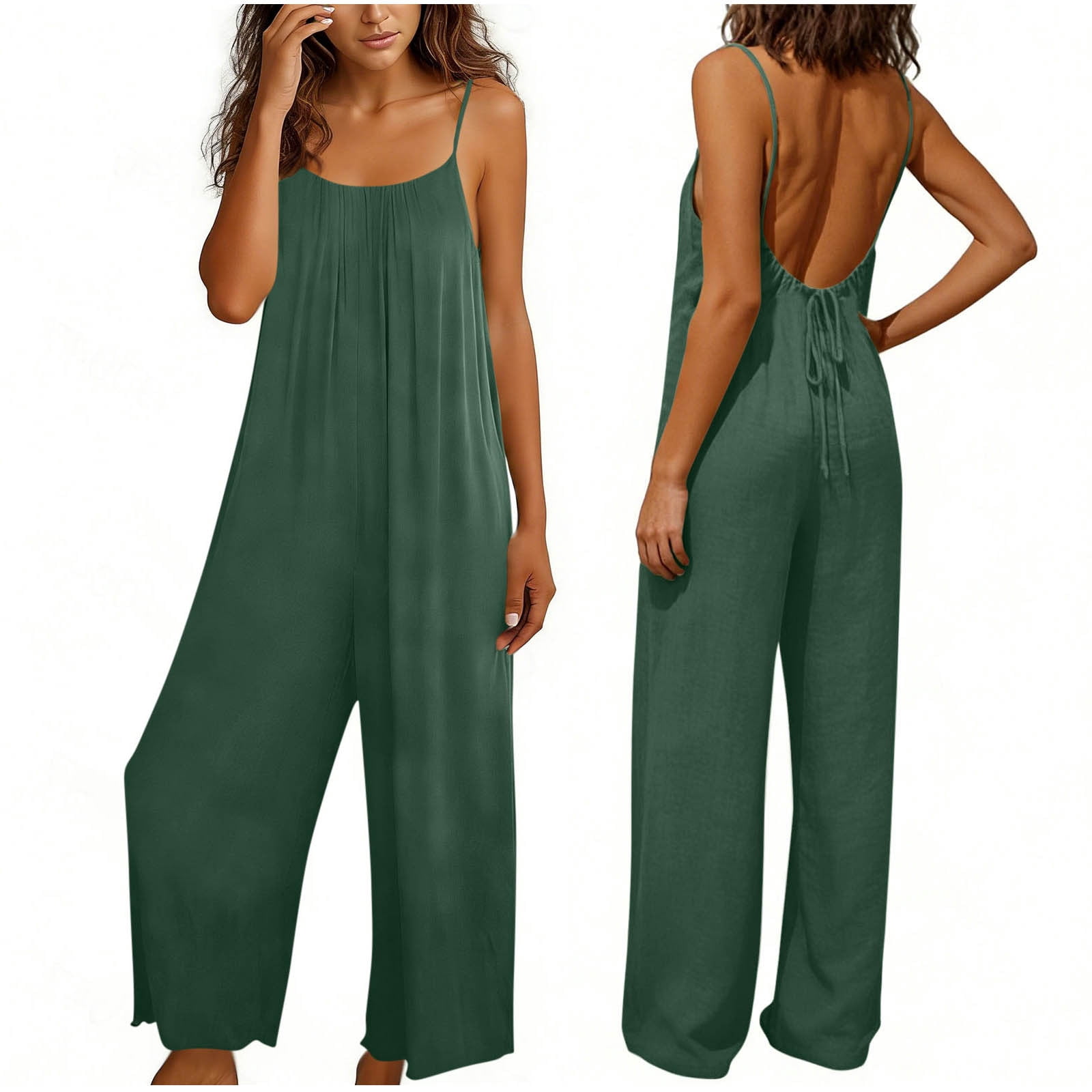 Backless Linen Jumpsuit for Women Wide Leg Spaghetti Strap Long Rompers ...