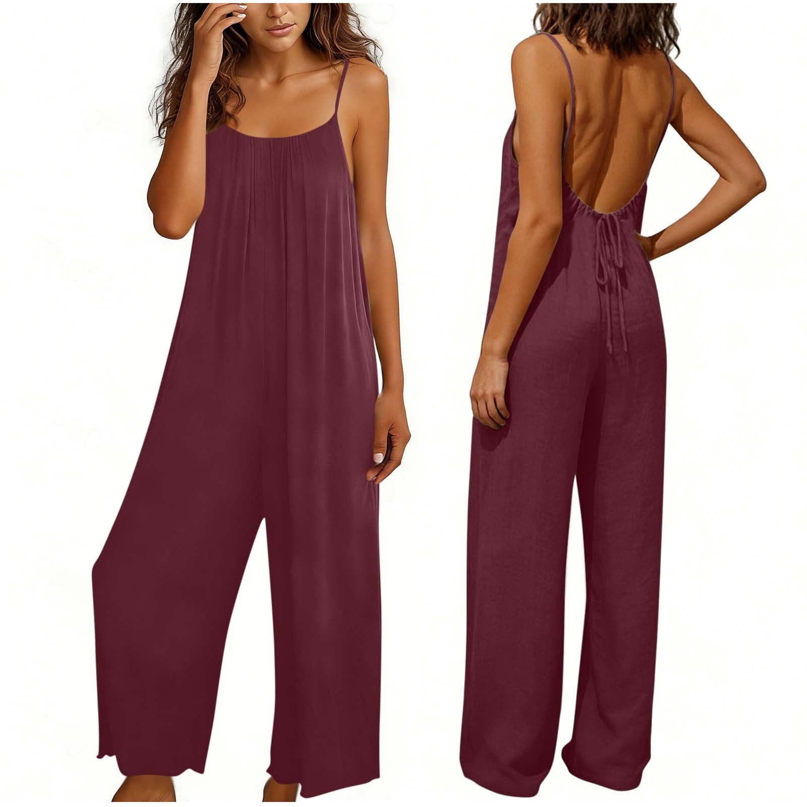 Backless Linen Jumpsuit for Women Wide Leg Spaghetti Strap Long Rompers ...