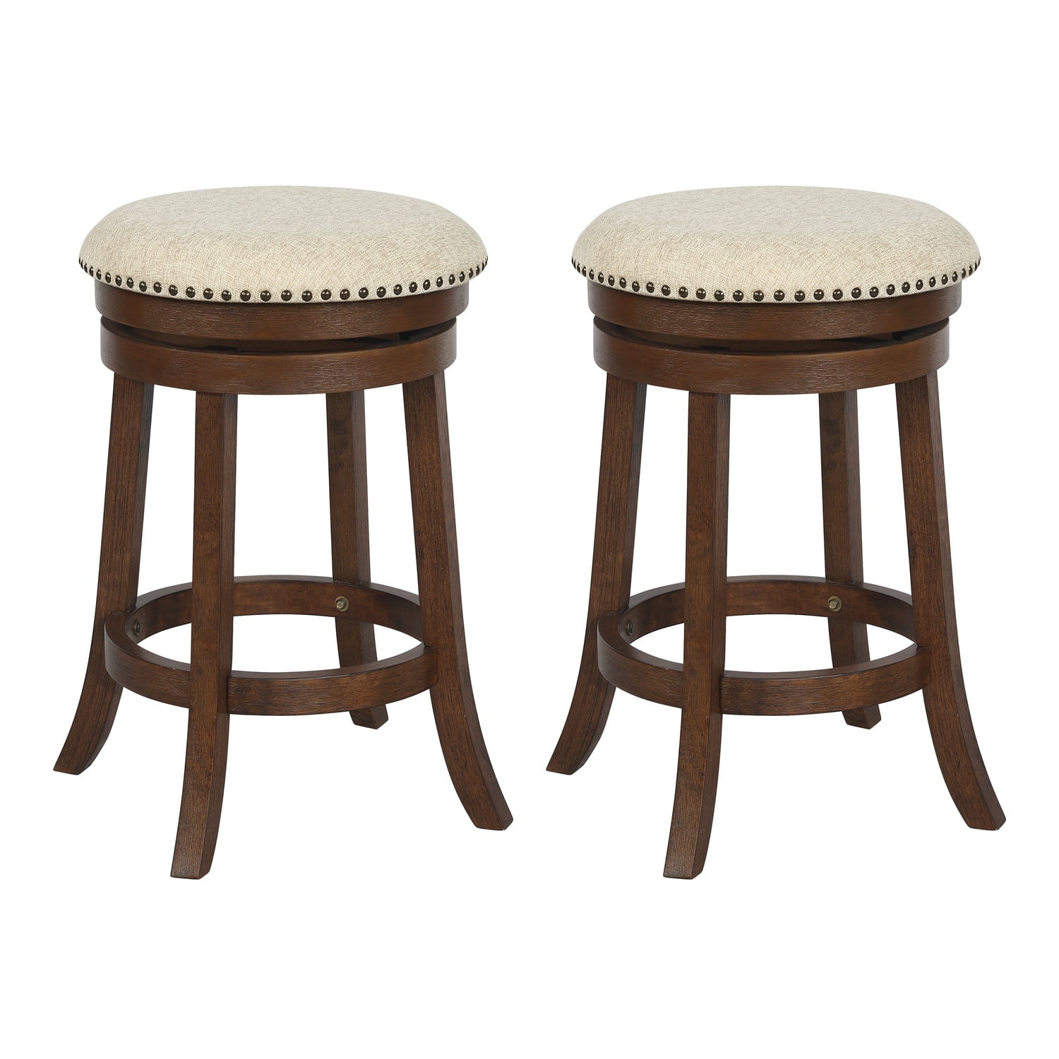 Backless Round Swivel Stool in Beige Fabric and Dark Walnut Finish ...