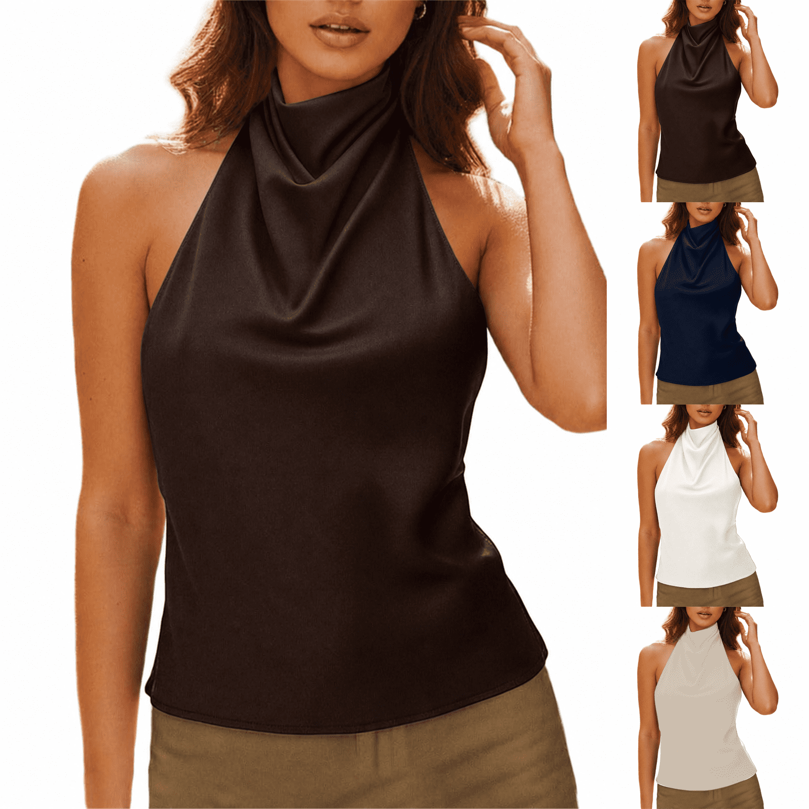 Backless Satin Tank Tops for Women Halter Neck Camisole Elegant Draped ...