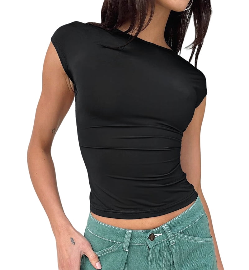 Backless Slim Fit T Shirt for Women Short Sleeve Crew Neck Crop Top ...