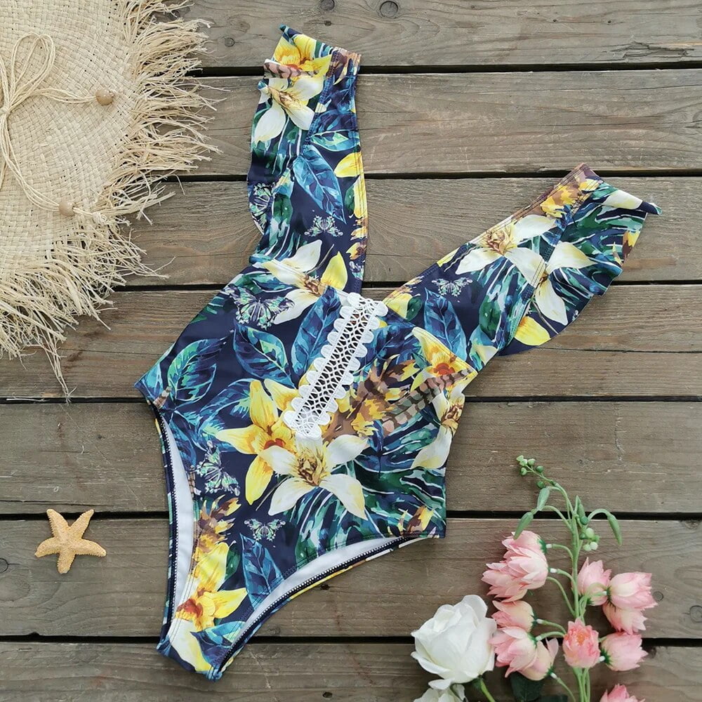 Backless Swimsuit Print Flower Swimwear Vintage Retro One-piece ...