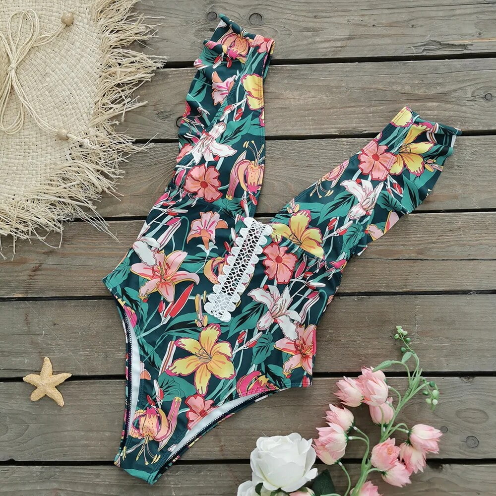 Backless Swimsuit Print Flower Swimwear Vintage Retro One-piece ...