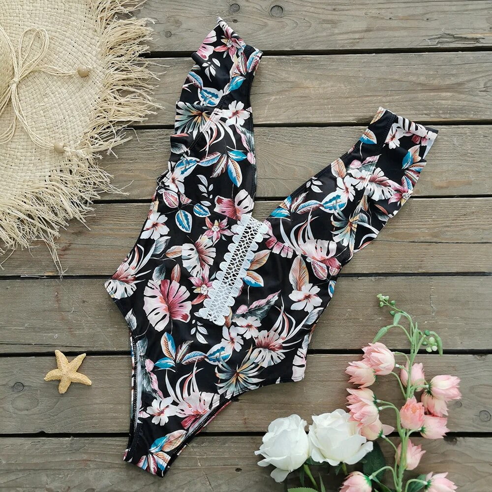 Backless Swimsuit Print Flower Swimwear Vintage Retro One-piece ...