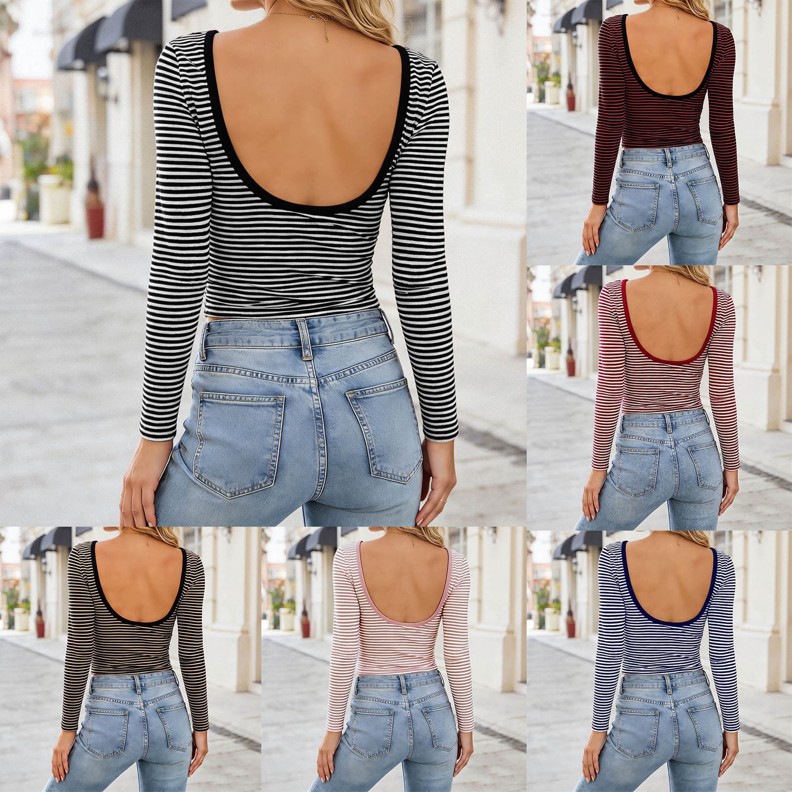 Backless T Shirts for Women Striped Long Sleeve Boat Neck Crop Tshirt ...