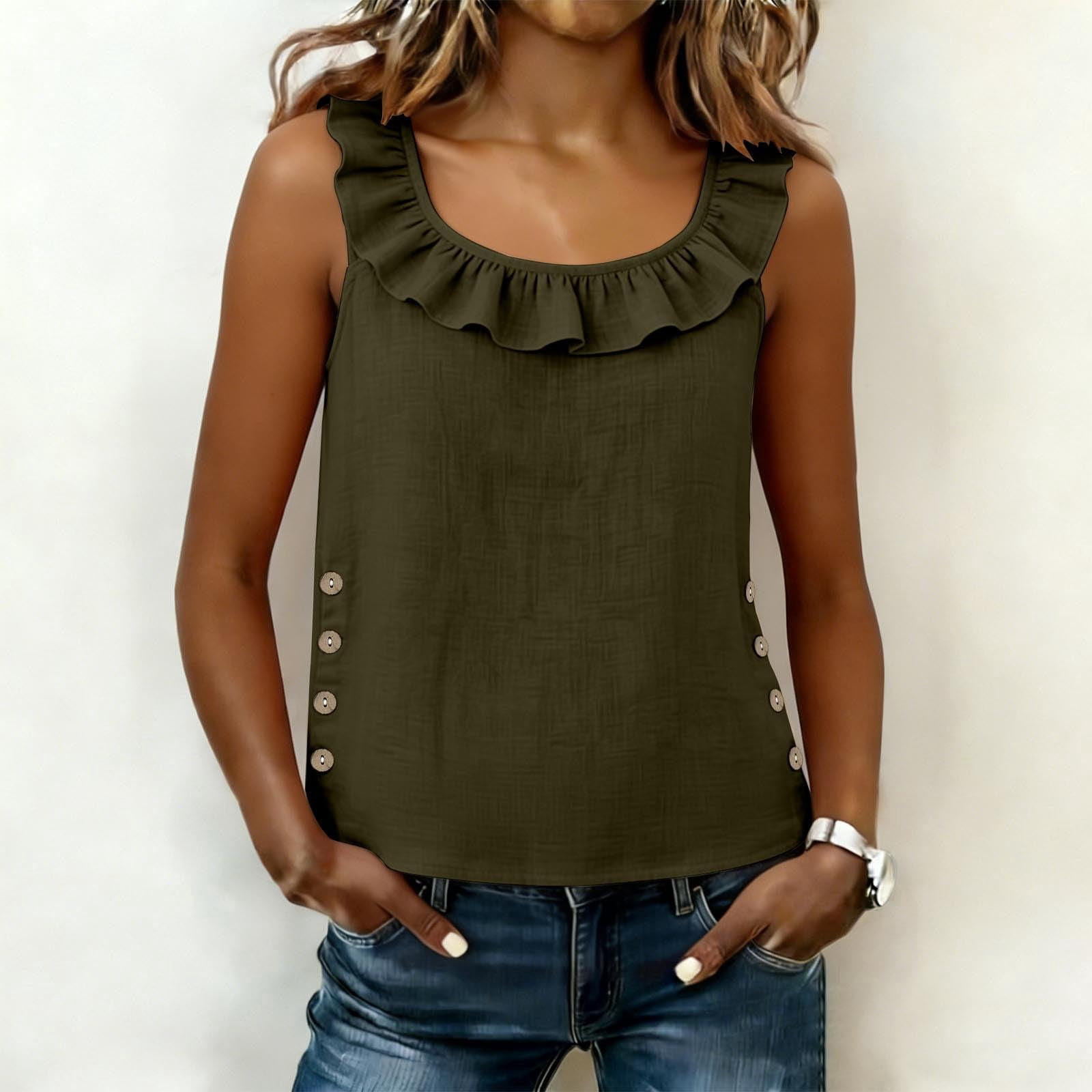 Backless Tank Tops for Women Linen Sleeveless Ruffle Scoop Neck Tops ...
